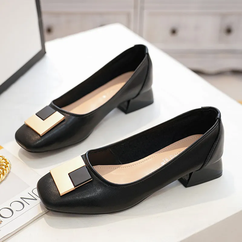 3cm Medium High Heel Shoes Woman Genuine Leather Pumps Square Toe Mary ...