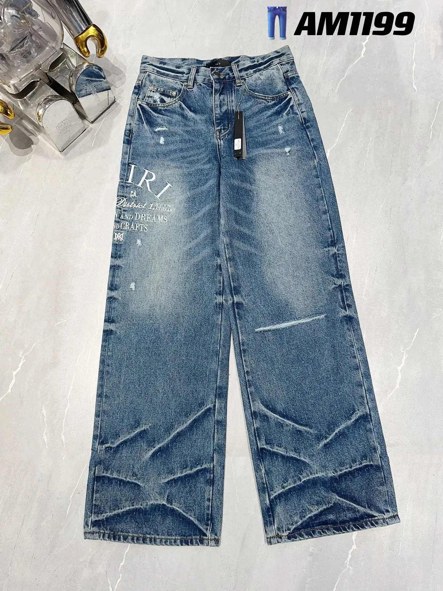 DHgate.com:Men's Blue Denim Wide Leg Jeans with Embroidery & Knee Rips ...