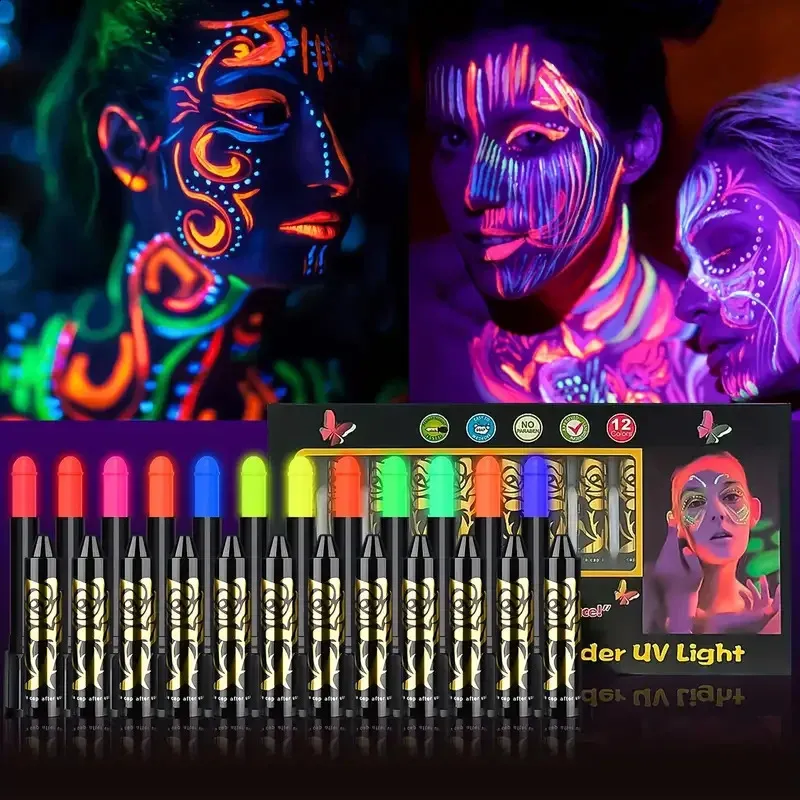 UV Neon butterfly face paint Set - 12 Glowing Crayon Sticks for ...