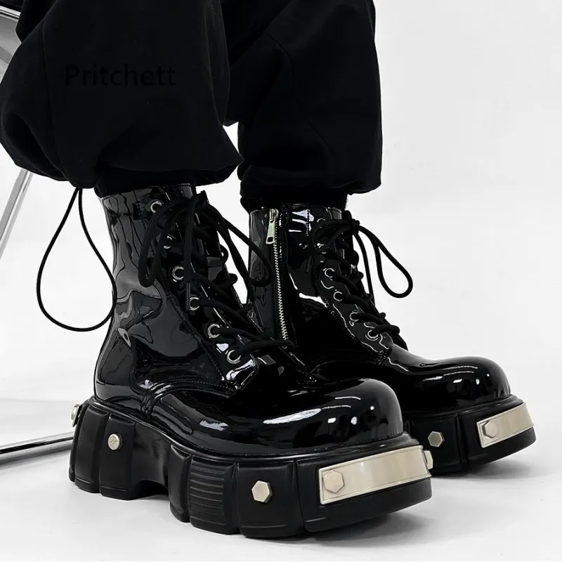 Men's Black Patent Leather Height Increasing Motorcycle Boots With ...