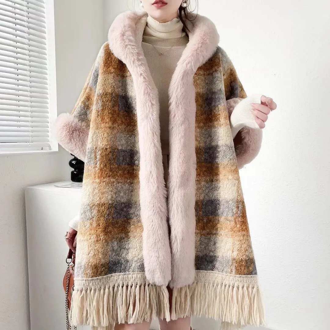 Plush Rabbit Fur Collar Cape - Thickened Grid Coat with Tassels, Shop ...