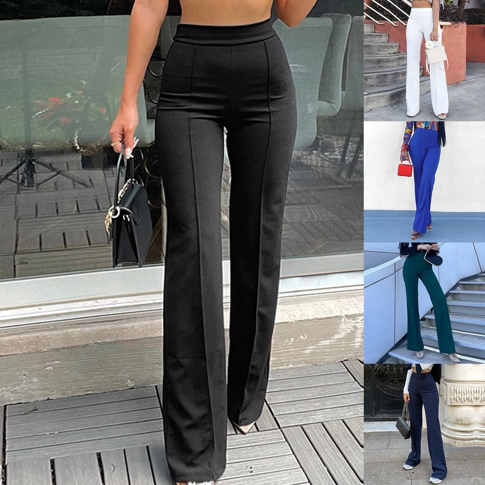 High Waisted Solid Elastic Work palazzo pants for Women High Waisted Solid Elastic Work palazzo pants for Women