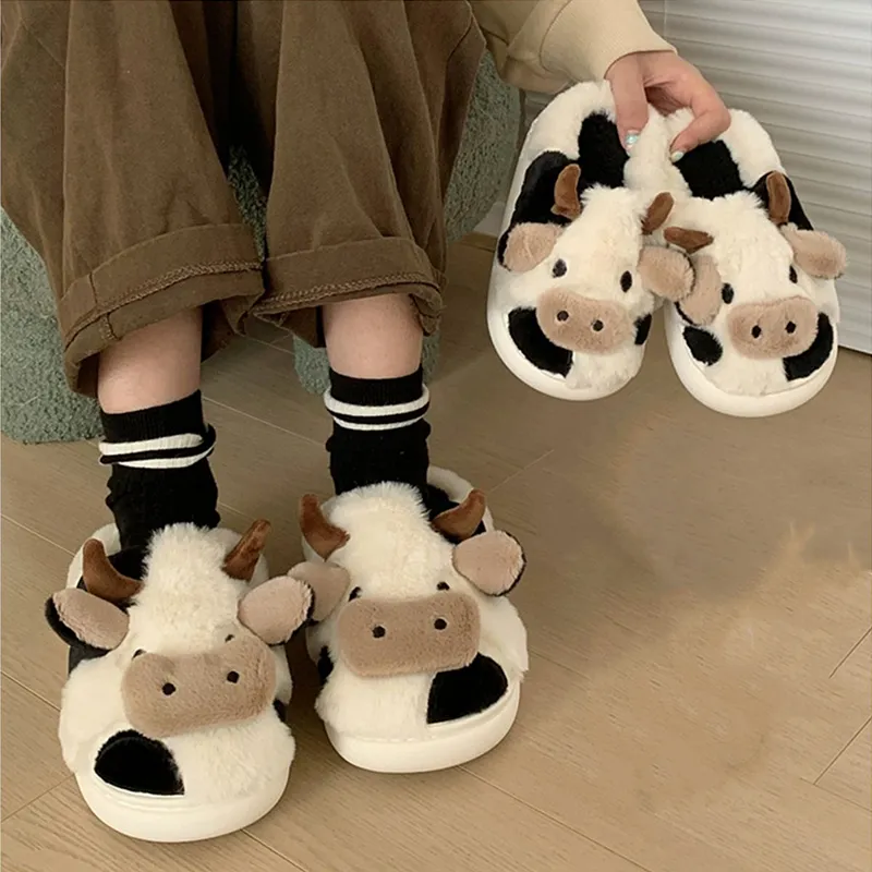 Cute Cow Slippers - Unisex Winter Warm Plush Slides, Cartoon Indoor ...