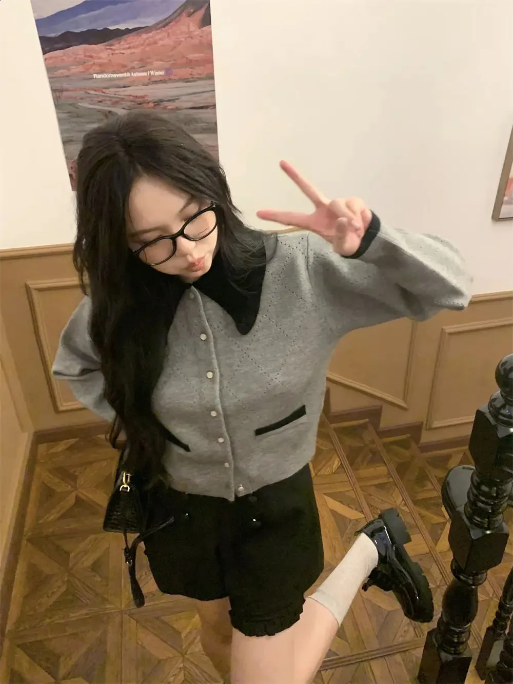 Deeptown Korean Style Grey Cardigan for Women - Elegant Sweet Knitted ...