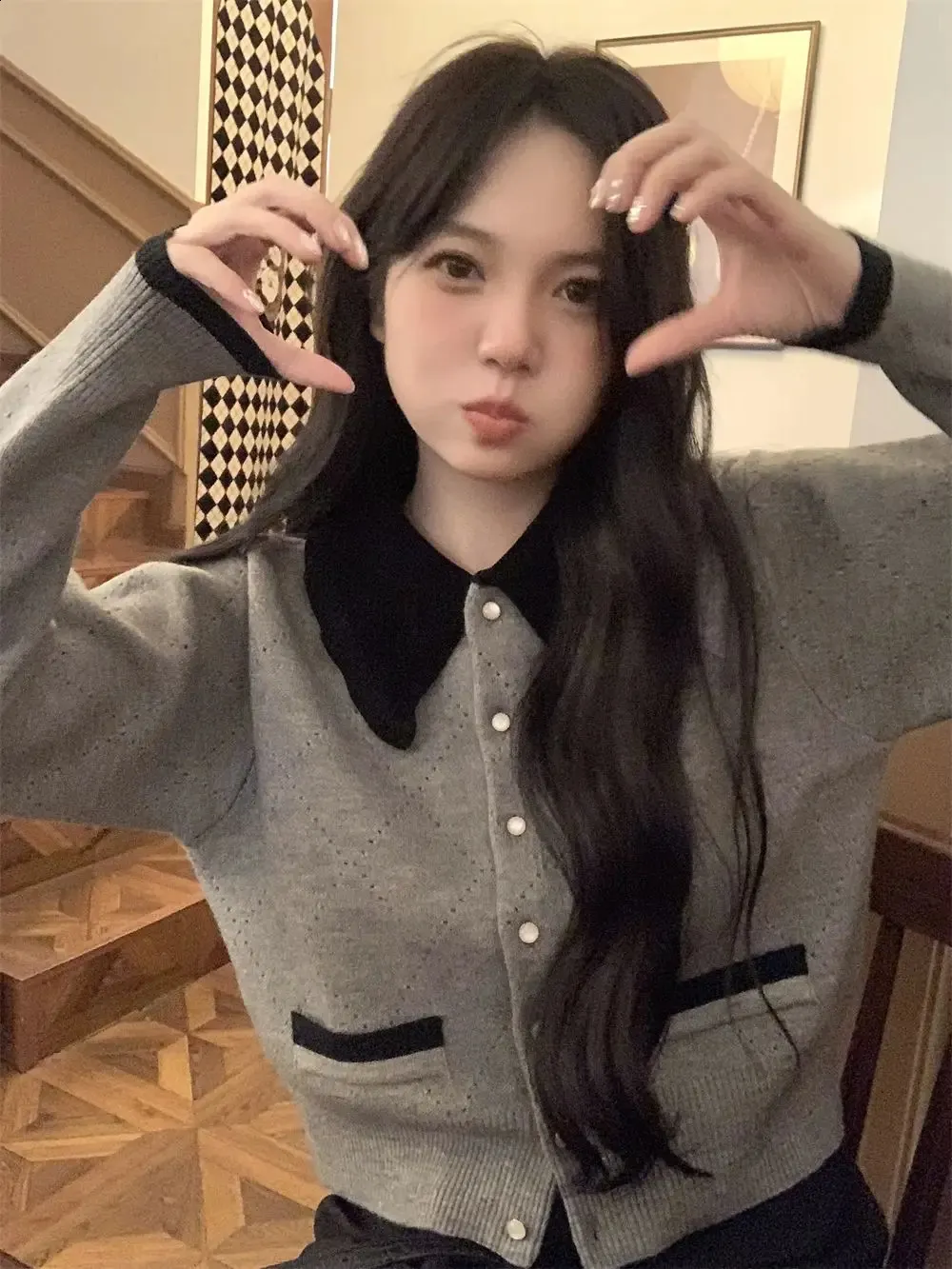 Deeptown Korean Style Grey Cardigan for Women - Elegant Sweet Knitted ...