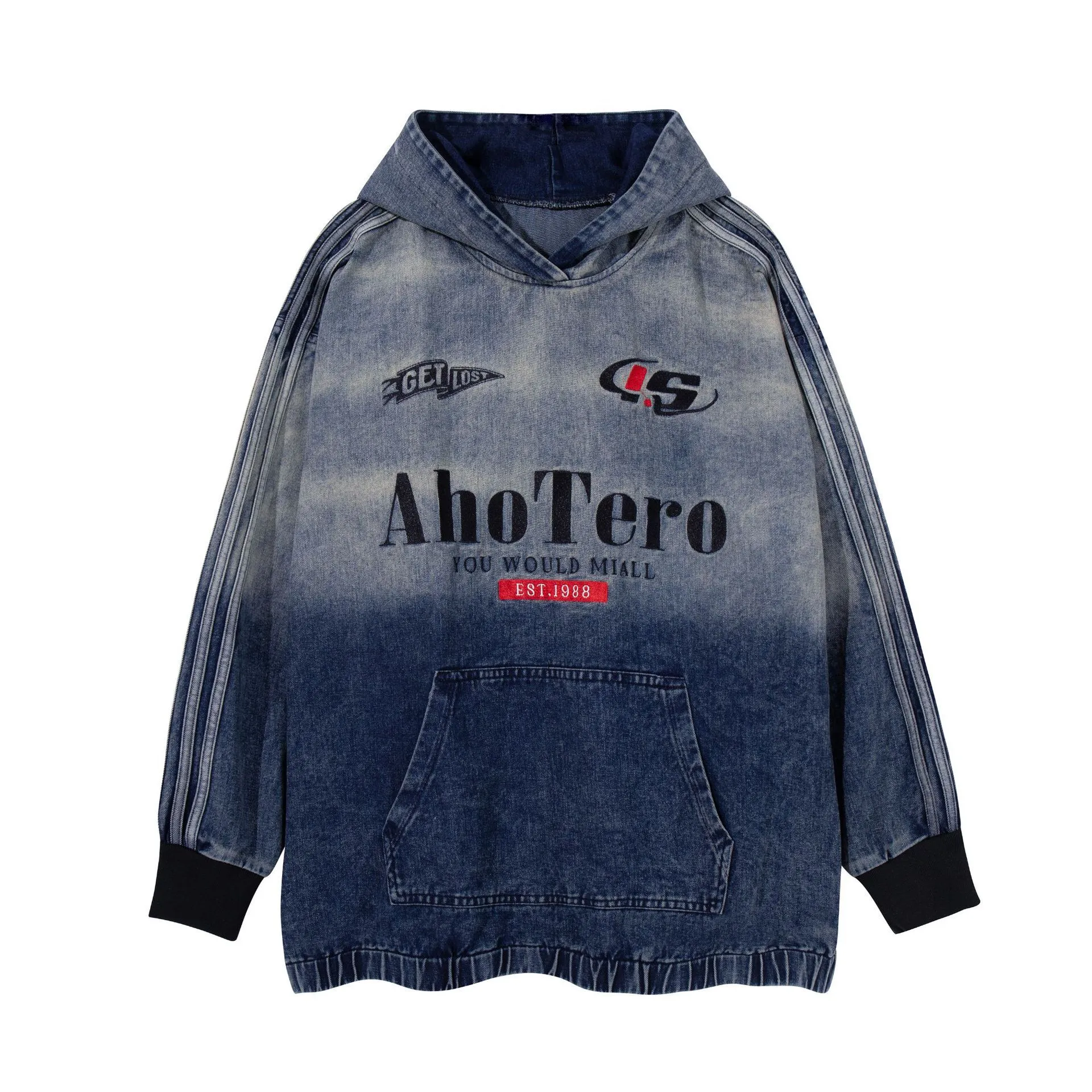 Washed Denim Gradient Hoodie - American Style Embroidered Letter Jacket ...