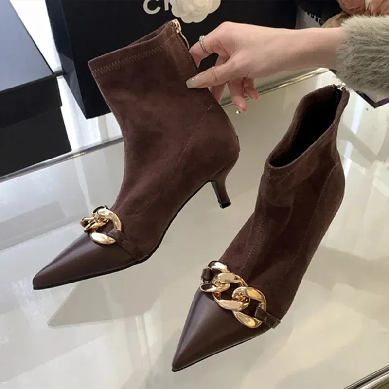 2025 Autumn Pointed Toe Thin Low Heel Modern For Women Sexy Metal Chain ...