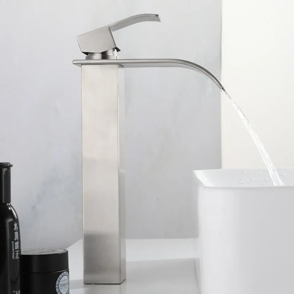 Brushed Gold Waterfall Bathroom Faucet - Single Handle, High Arc ...