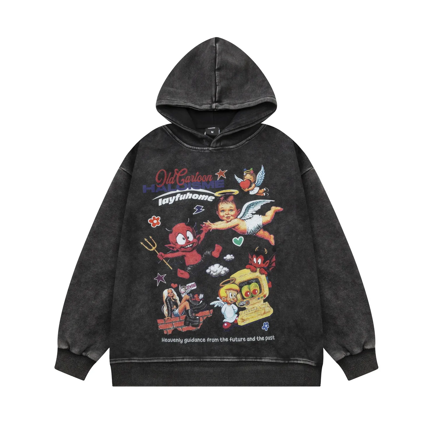 Oversized Washed Hoodie - American Little Devil Graphic Print, Unisex ...