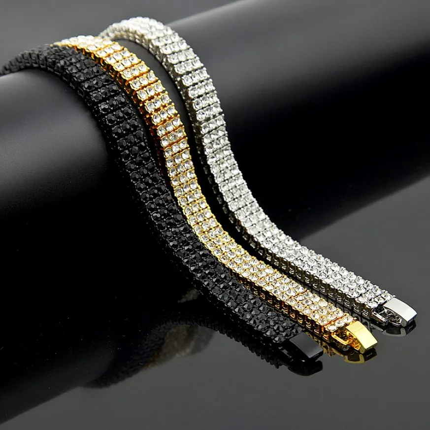 Shiny Crystal Rhinestone Miami Cuban Link Chain Bracelet Three Rows Hip ...