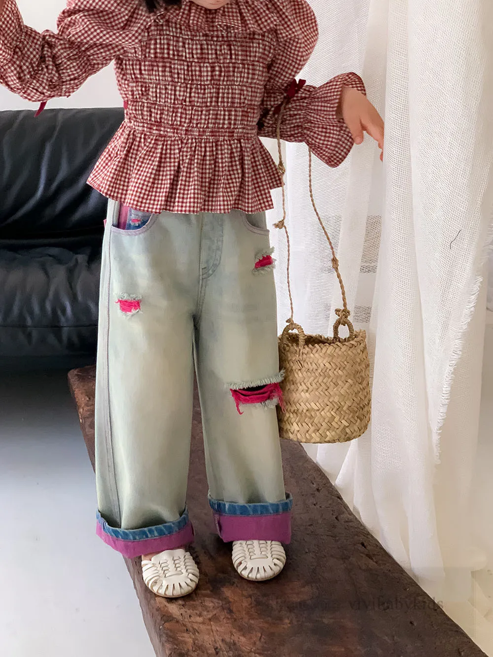 Girls' Patchwork Jeans: Stylish Wide Leg Denim Pants for Kids Spring ...