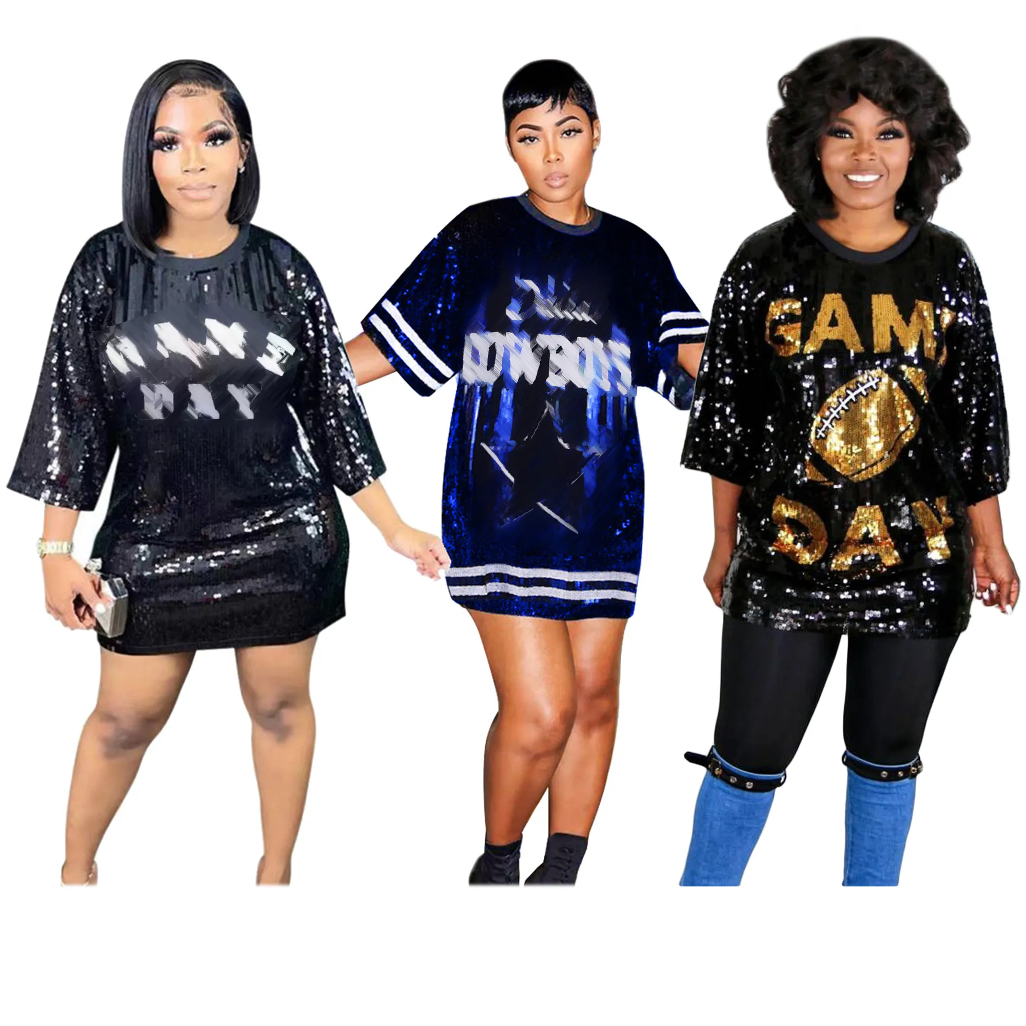 Sparkling Sequin Tunic Dress Women's Round Neck, Hip Hop Style, Short ...