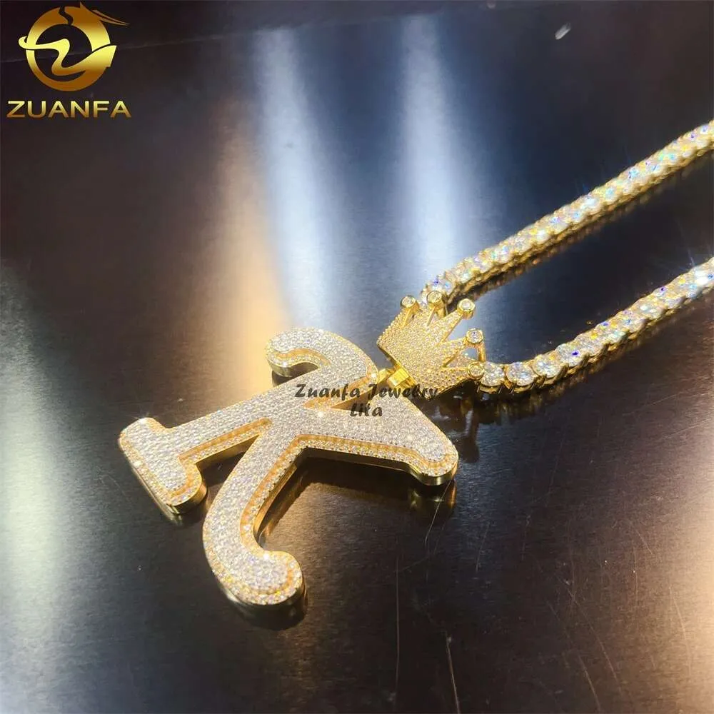 Men s VVS Moissanite Custom Name Pendant Iced Out Sier Crown Bail Initial Letter K