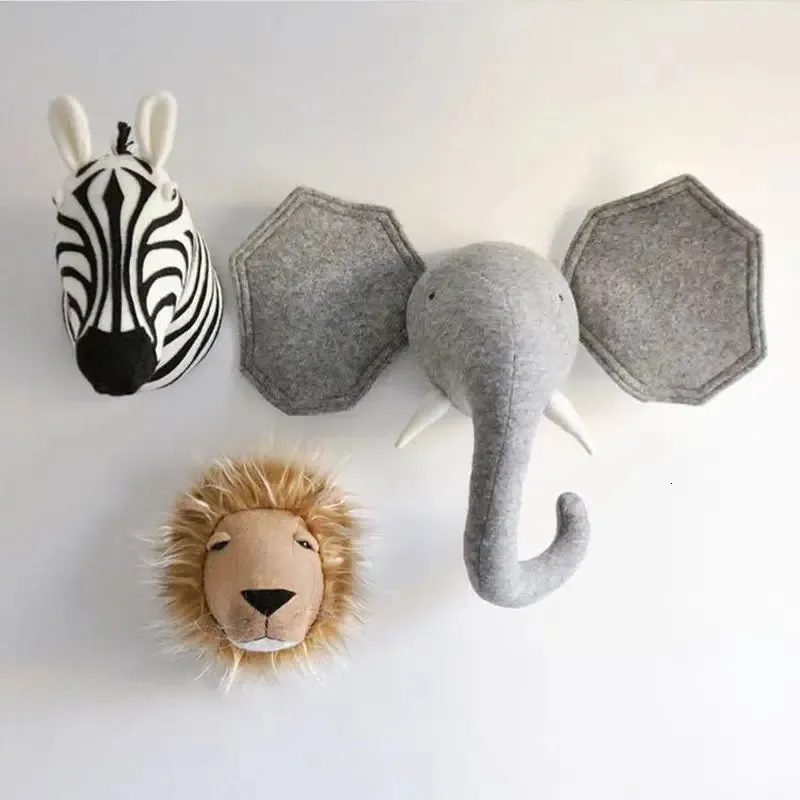 Cute Plush Animal Head Wall Decor - Zebra, Elephant, Giraffe - 3D ...