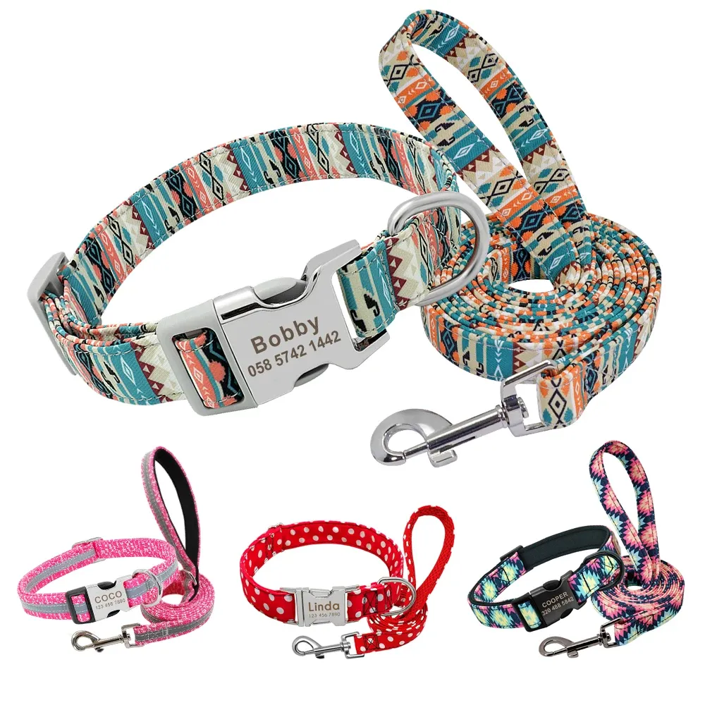 Personalized Dog Collar & Leash Set - Reflective Nylon, Engraved ID Tag ...