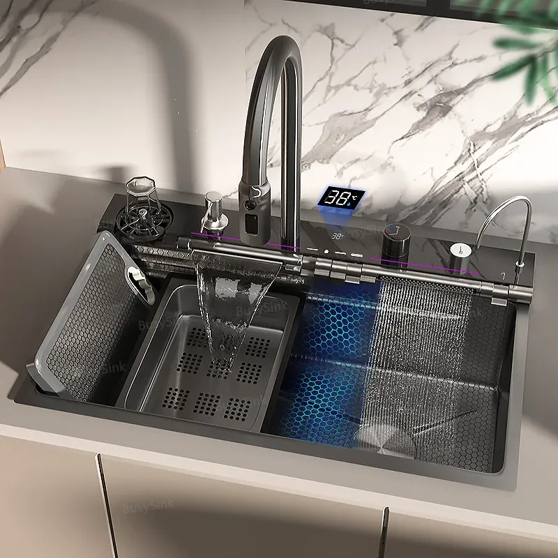 Premium Stainless Steel Kitchen Sink: Waterfall Feature, Honeycomb ...