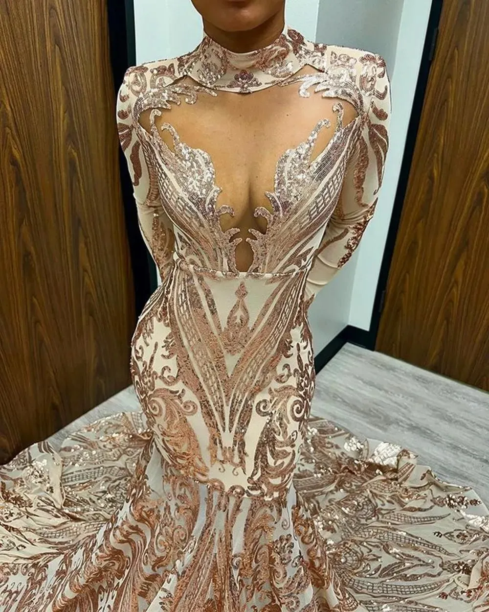 Champagne High Neck Mermaid Dress With Illusion Lace And Sequins, Long Sleeves, And Gold Corset ...