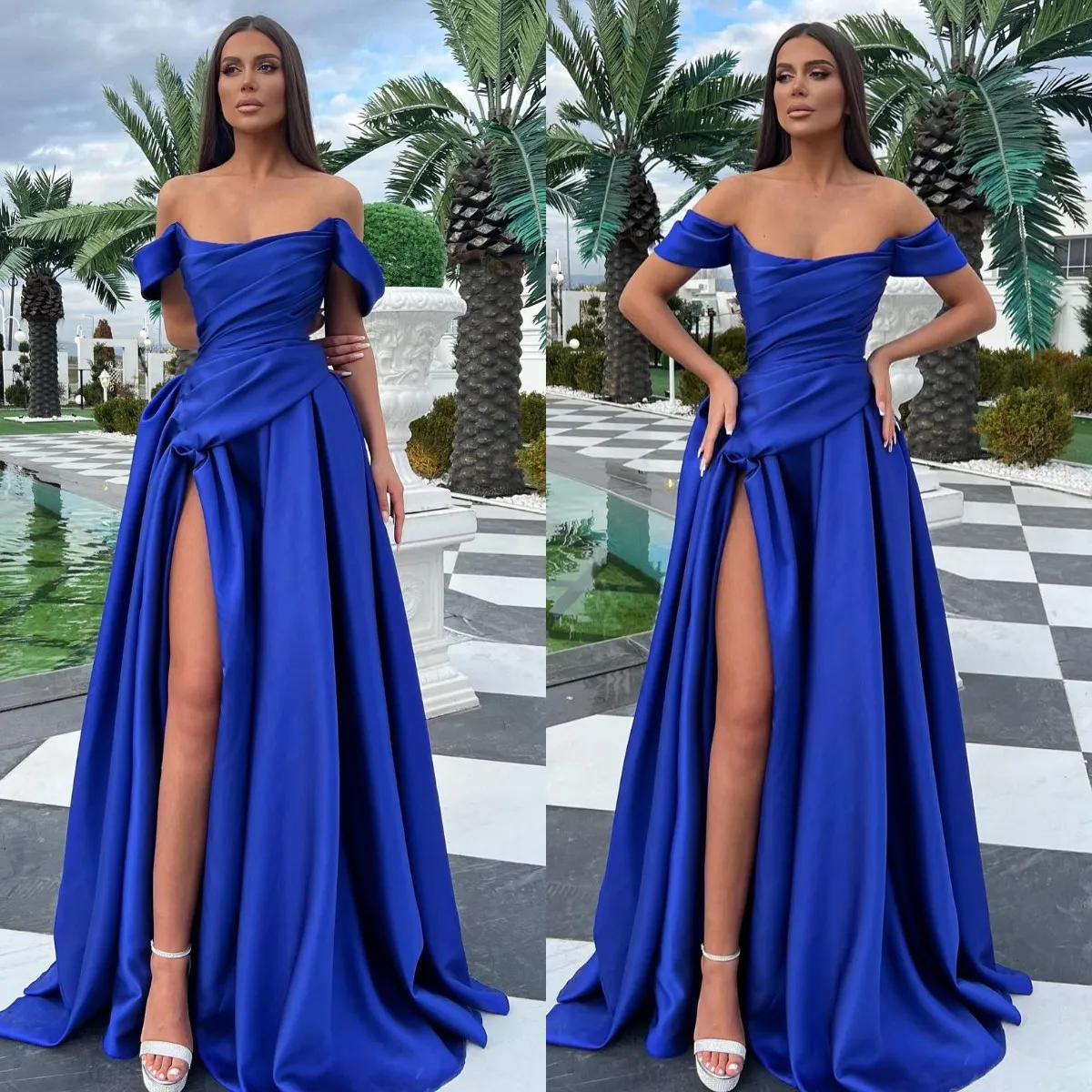 Off Shoulder Royal Blue Blue Satin Prom Dress With Split And Pleats Elegant Formal Evening Gown ...