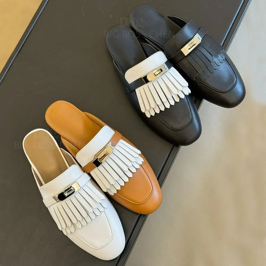 Top Quality Silver Buckle Square Toe Mules Slippers Flat Sandal Slides ...