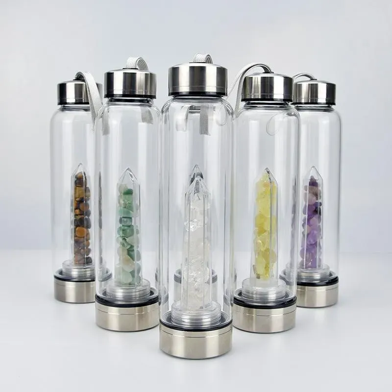Crystal Elixir Water Bottle: Natural Quartz Gem Infused Glass Cup ...