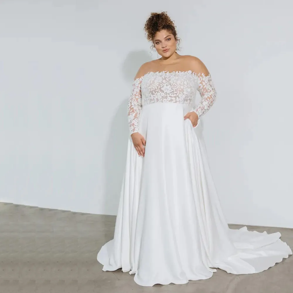 Stunning Plus Size A Line Dress Bride With Sheer Neckline, Long Sleeves ...