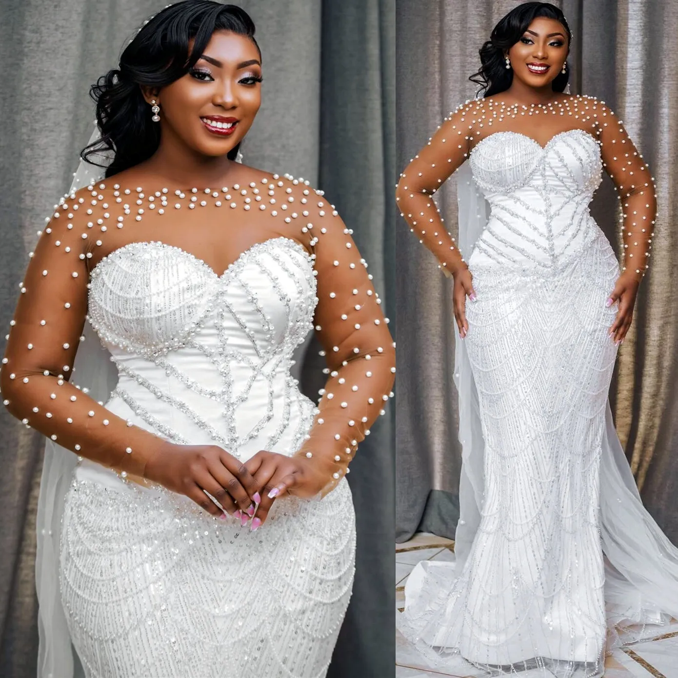Plus Size White Pearl Wedding Dress With Sheer Neckline, Pearls ...