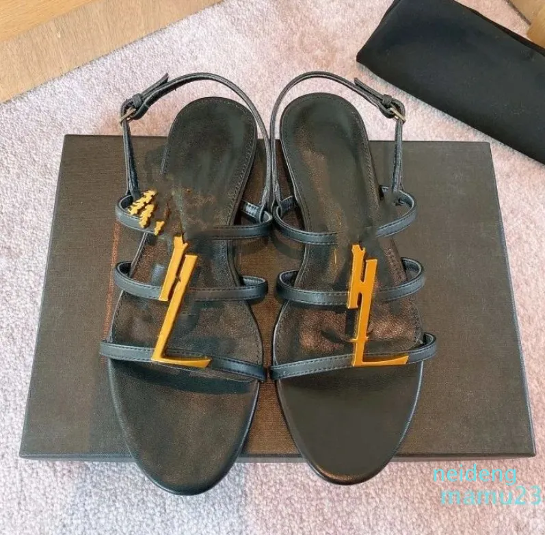 Designer Women's Luxury Flat Sandals with Gold Buckle Letter Straps ...