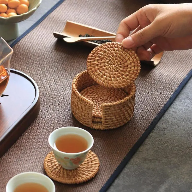 Rattan Weave Coaster Mat 6 Round Diamond Cups, 8cm Diameter, Unique ...