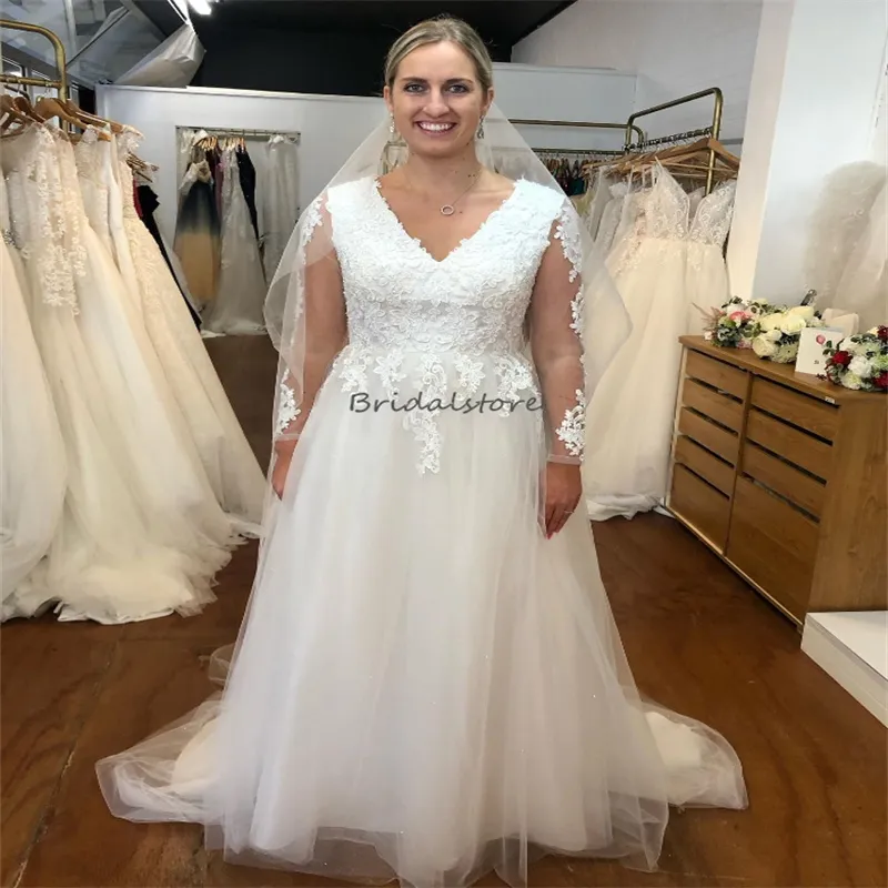 Custom Made Plus Size Wedding Dress With Lace Elegant Long Sleeve V ...