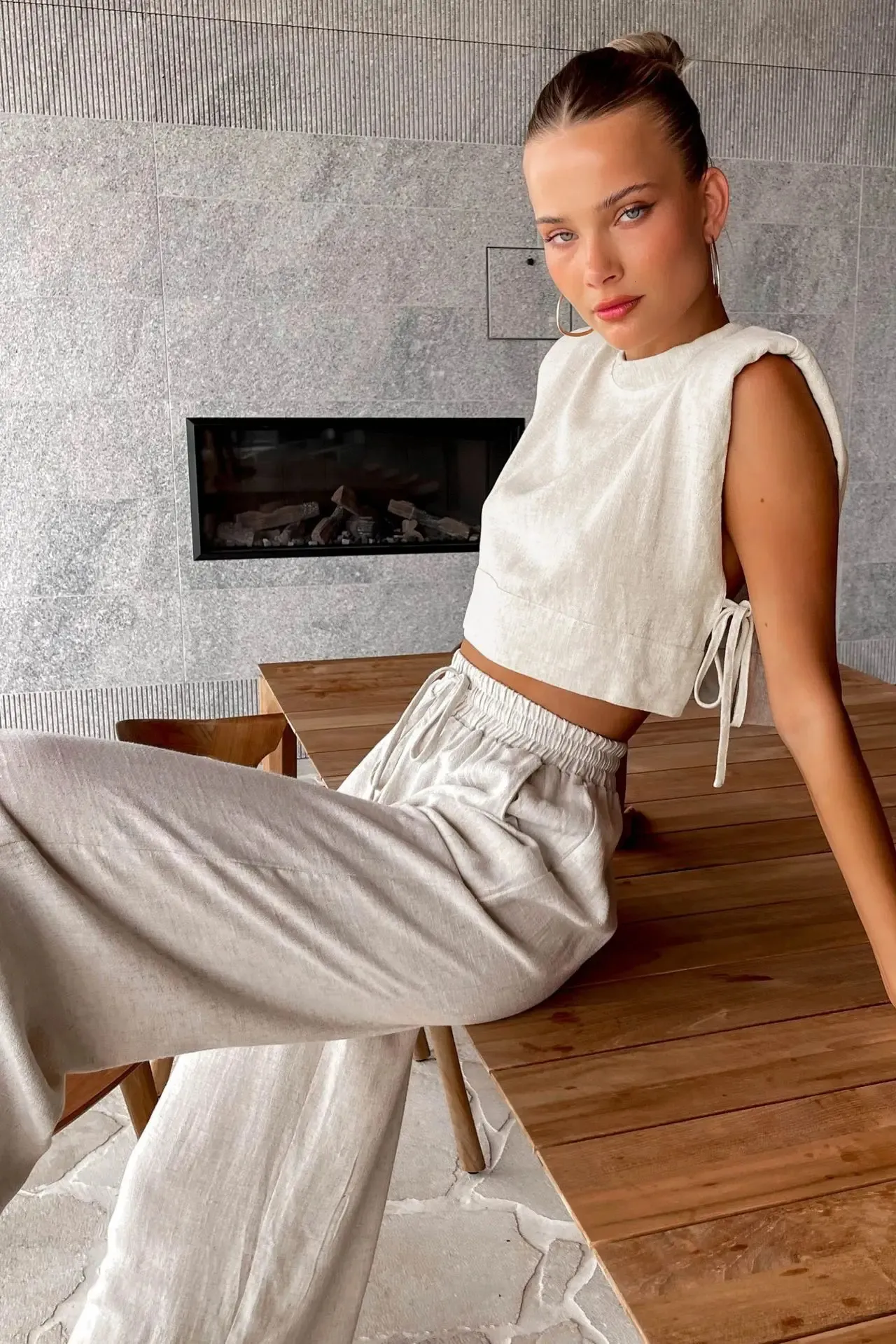 Summer Linen Pajamas Set Womens: Sexy Lace-Up Crop Top & Loose Pants ...