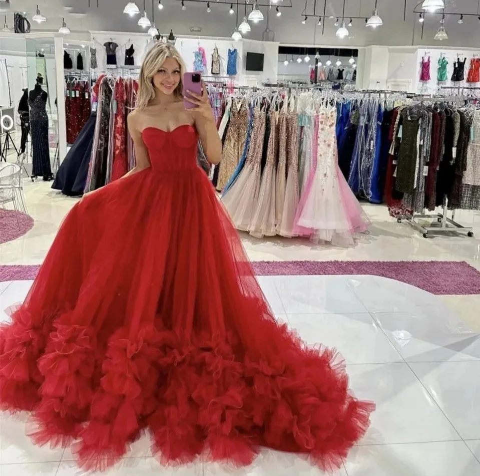 Red Puffy Tail Prom Dress: Multilayer Ruffles, Sweetheart Cut ...