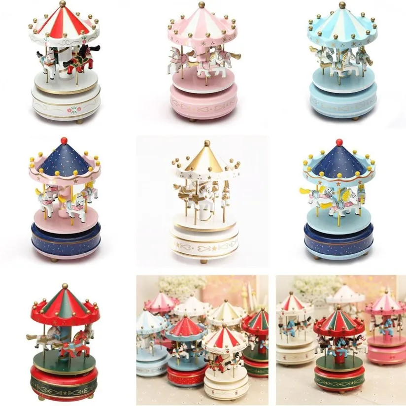 Charming Wooden Carousel Music Box - Rotating Horse Merry-Go-Round ...