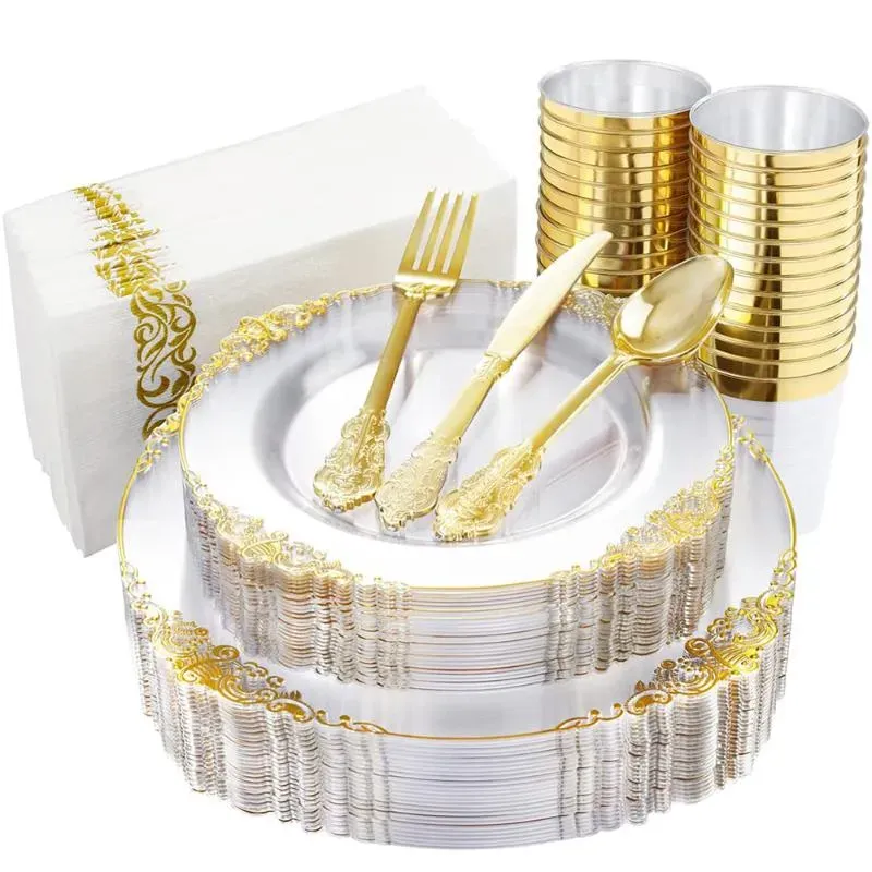 Premium Disposable Dinnerware Set - Transparent Golden Plastic Plates ...