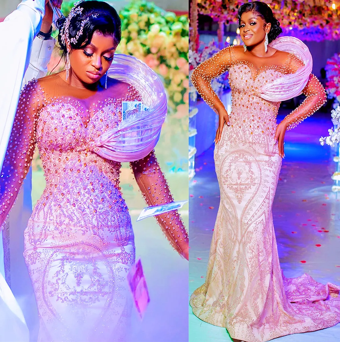 2024 Aso Ebi Gold Mermaid Prom Dress Beaded Crystals Sheer Neck Evening Formal Party Second ...