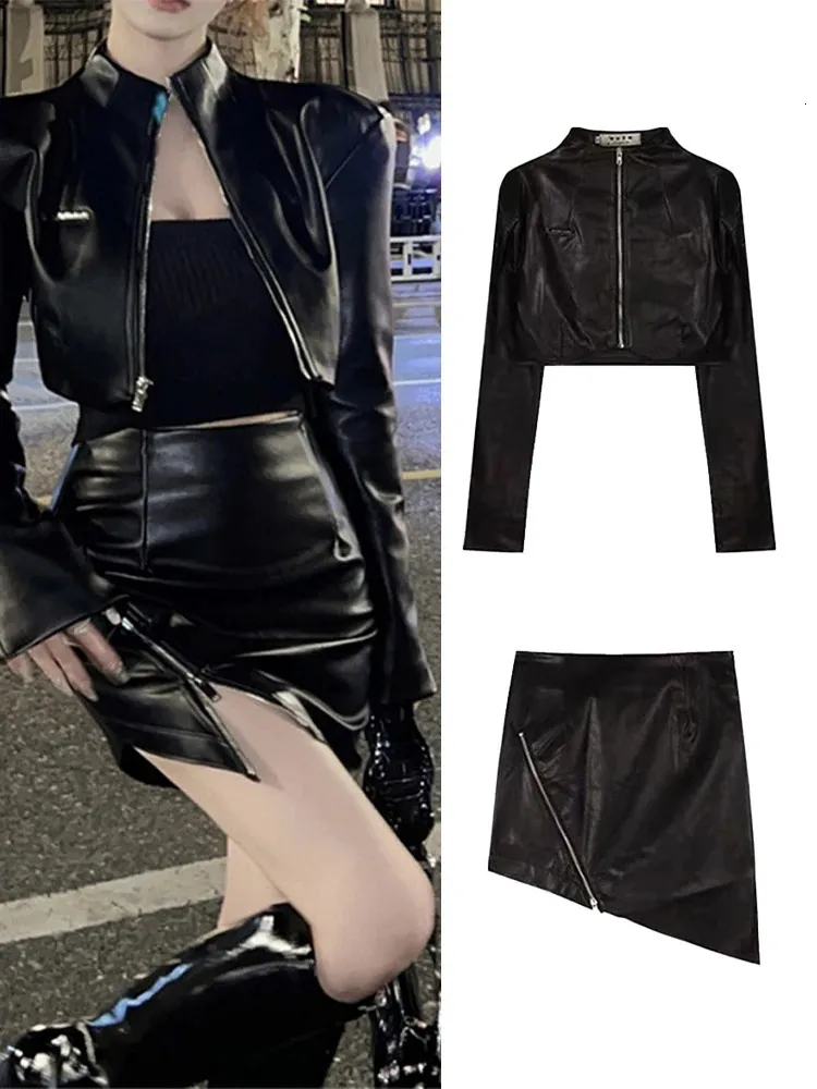 Sexy Faux Leather Two-Piece Dress Set - Stand Collar Skew Zipper Short ...