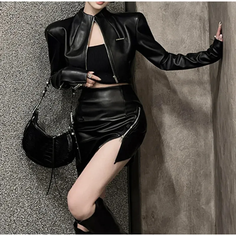 Sexy Faux Leather Two-Piece Dress Set - Stand Collar Skew Zipper Short ...