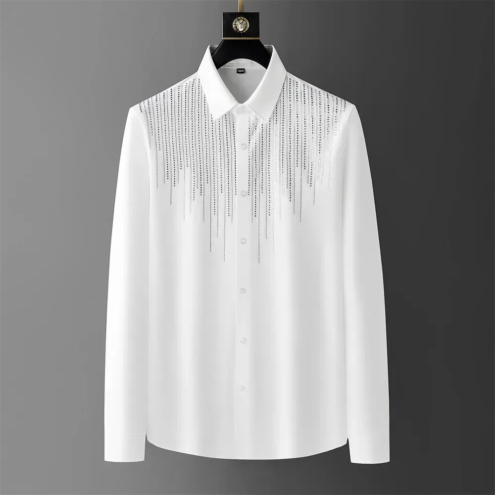 White Diamond Embellished Striped Dress Shirt For Men... From Cdgstudio ...