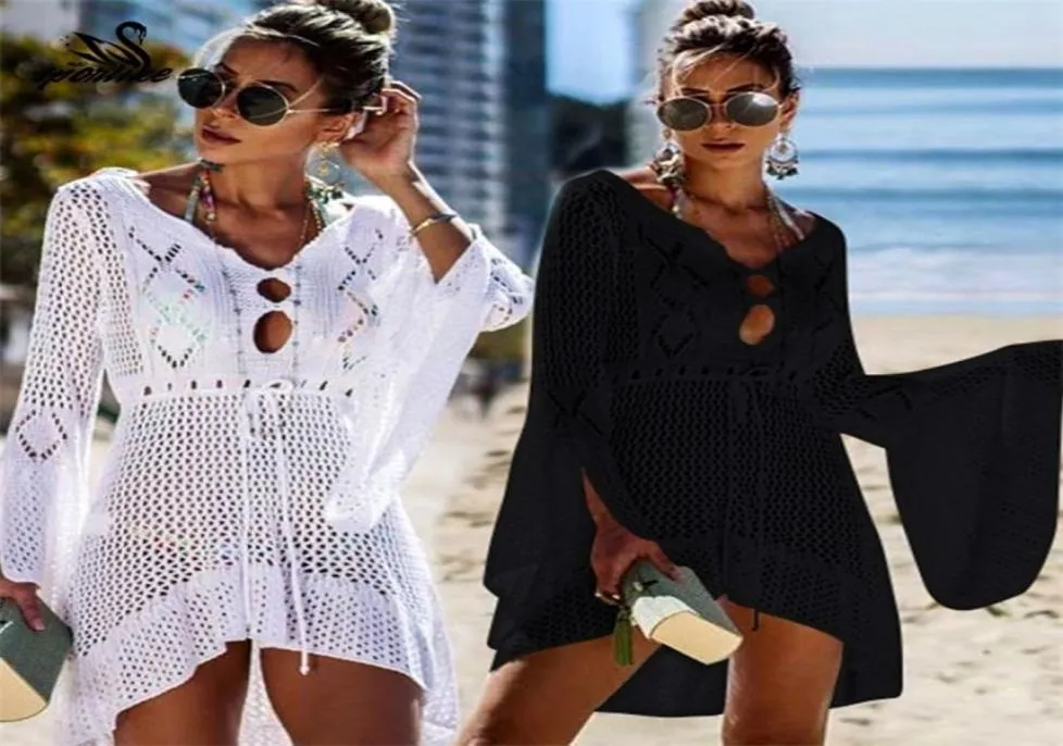 2019 Crochet White Knitted Beach Cover Up Dress Tunic Long Pareos