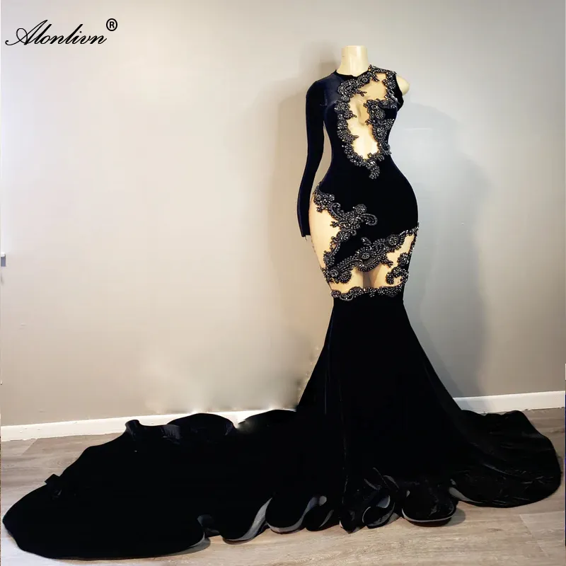 DHgate.com:Velvet Mermaid Prom Dress: Elegant Black Trumpet Gown with Lace, Rhinestones, and ...