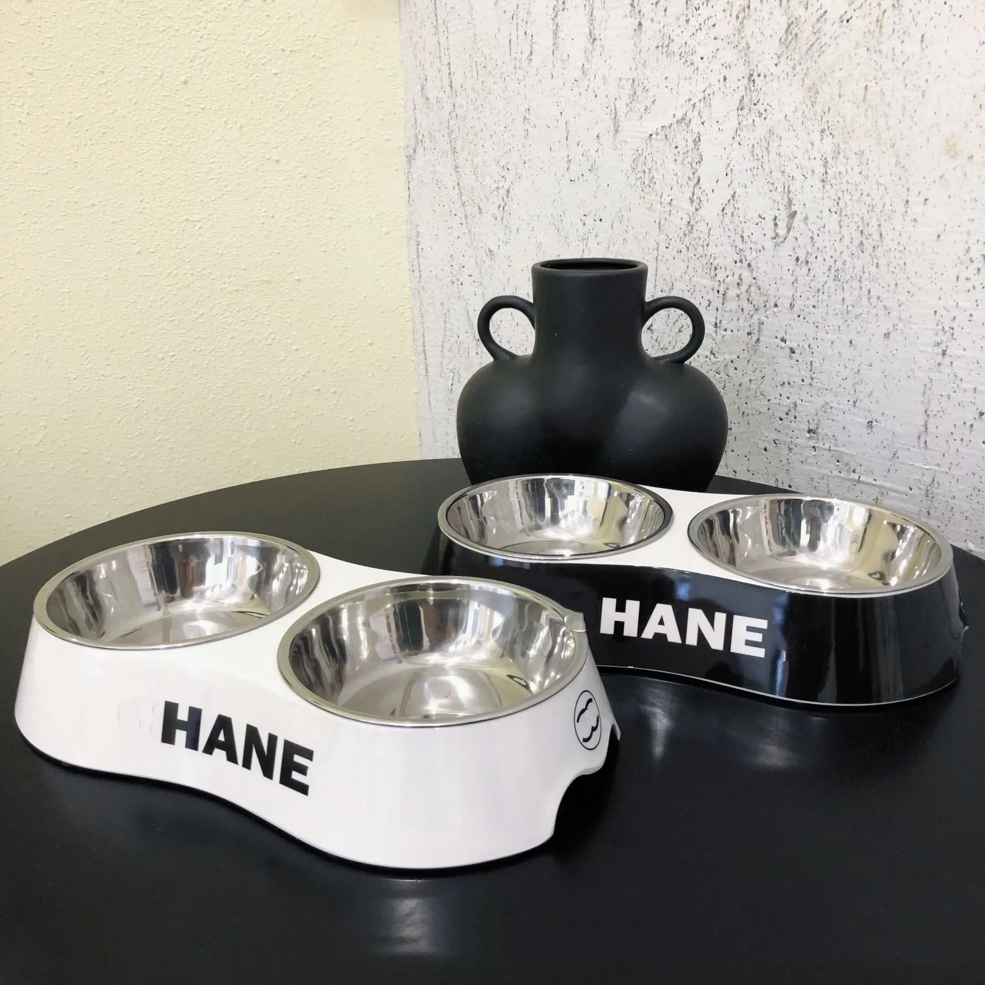 Designer Double Bowl Pet Drinking Food Places Set With Black And White ...
