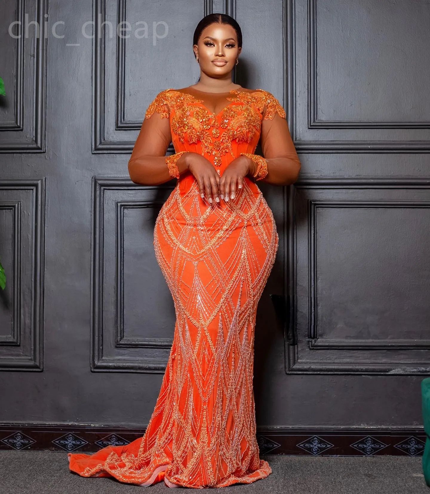 Orange Mermaid Orange Sparkly Prom Dress With Beaded Crystals Lace For ...