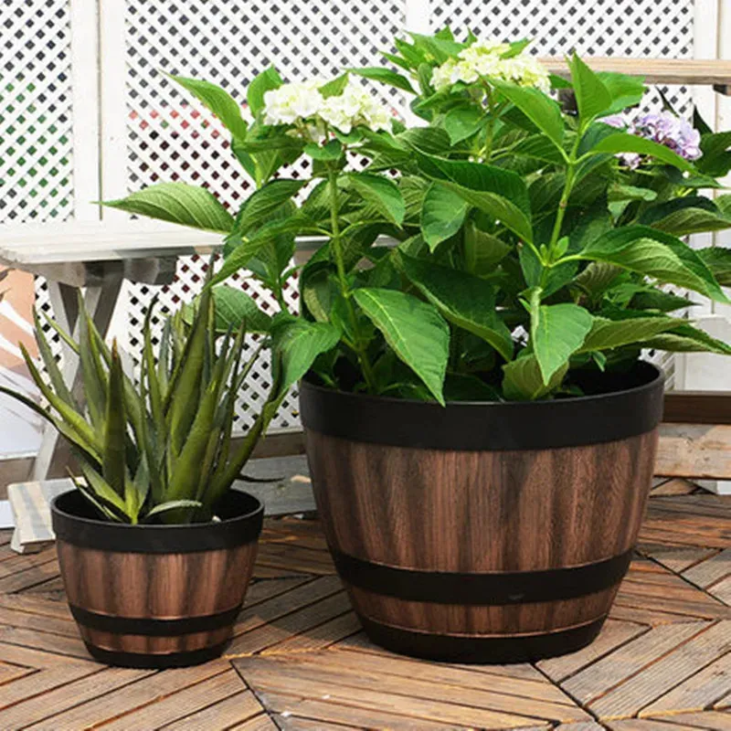 Resin Flower Pot Outdoor Flower Pots Planters, Round Barrel Pots For ...