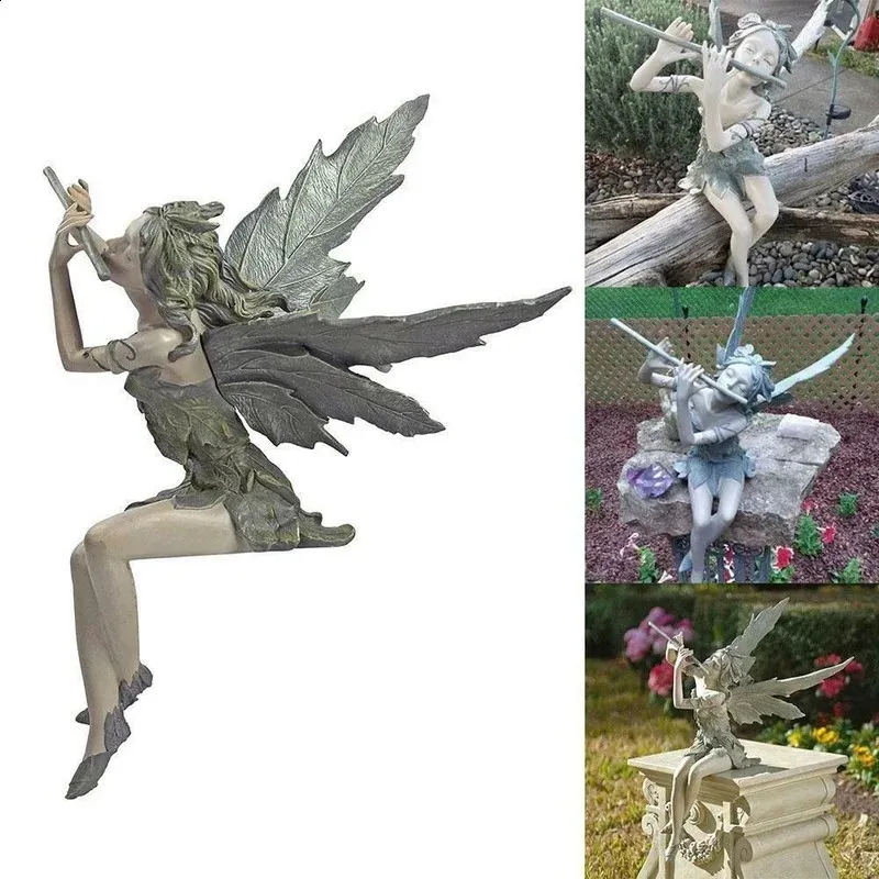 Flute Fairy Flower Statue Garden Decoration Resin Angel Wings Ornament ...