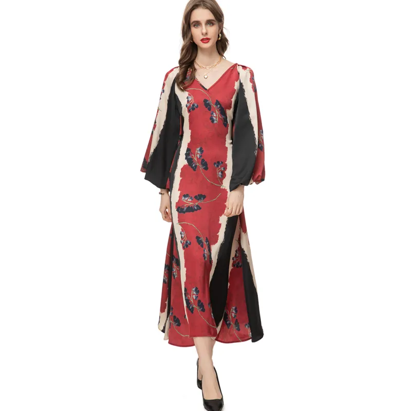 Elegant Floral Print Dress - Women's V-Neck Runway Style, Lace-Up Waist ...