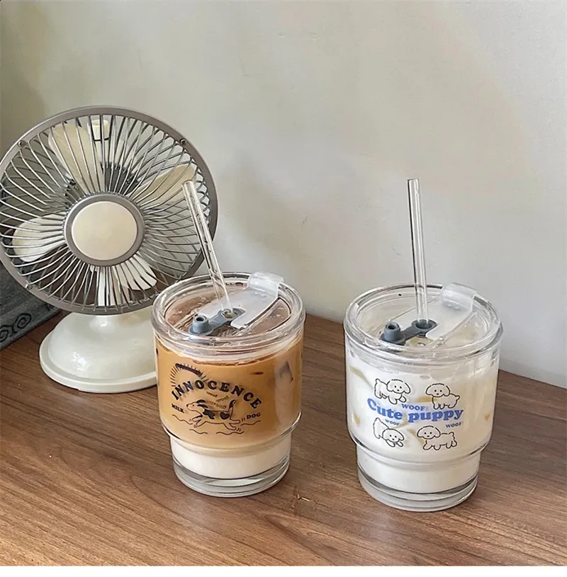 Cute Dog Glass Water Bottle: 350ml Kawaii Milk Carton Design with Straw ...