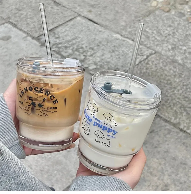 Cute Dog Glass Water Bottle: 350ml Kawaii Milk Carton Design with Straw ...