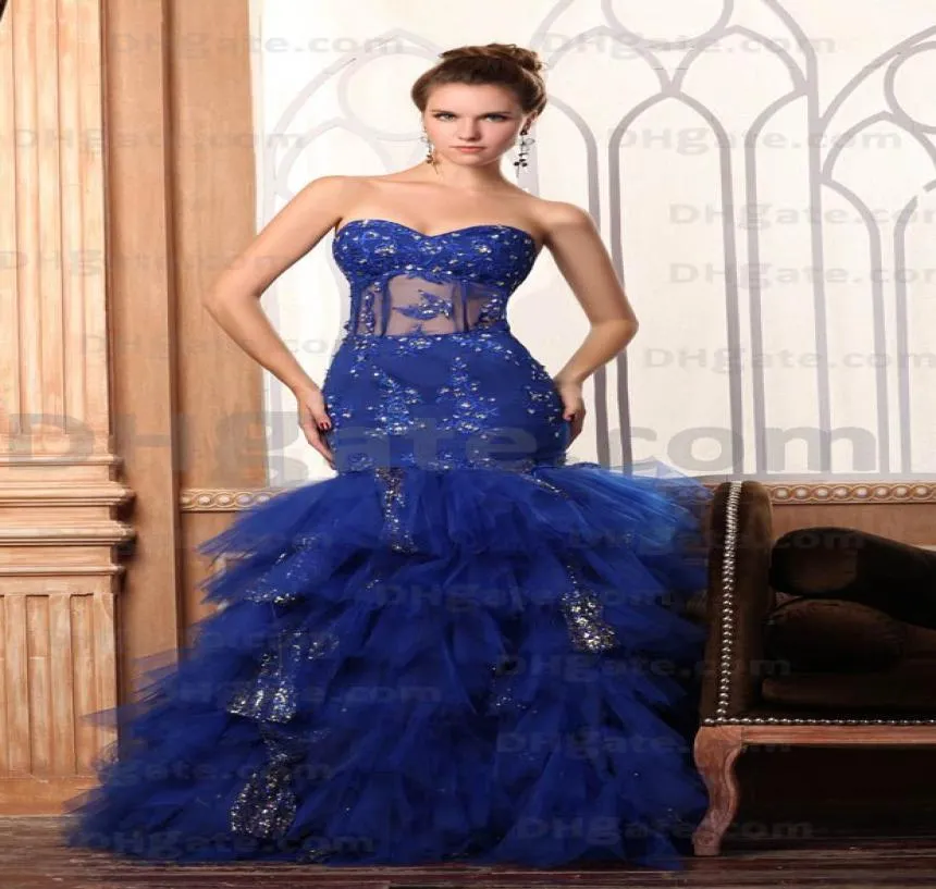 2015 Royal Blue Tulle Evening Dresses Beaded Ruffles Multilayer Mermaid ...