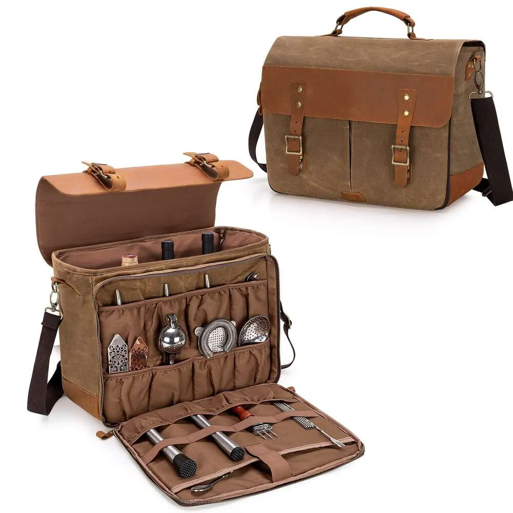 Vintage Bartender Kit Bag - Waxed Canvas & Leather Cocktail Set Carrier ...