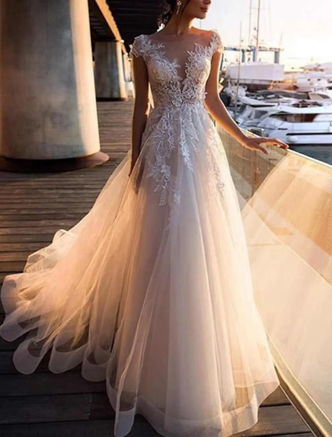 Elegant Long Shear Neck Lace Wedding Dresses A Line Pink Tulle Sweep ...