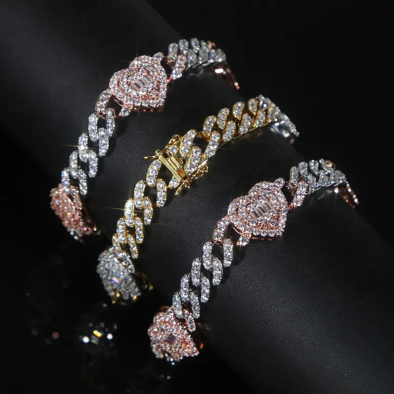 Iced Out Heart Bracelet - Cubic Zirconia Cuban Chain, Gold & Silver ...